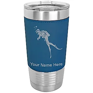 LaserGram 20oz Vacuum Insulated Tumbler Mug, Scuba Diver, Personalized Engraving Included (Faux Leather, Blue)