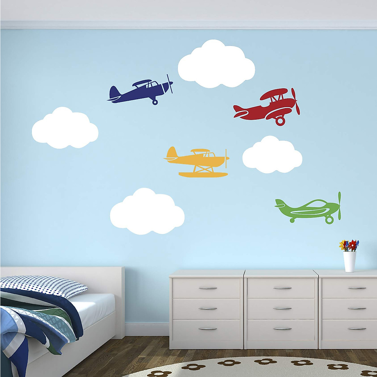 Airplanes with Clouds Wall Decal - Airplane Decal Clouds Decal - Nursery Wall Decal - Kids Boys Room Decor Vinyl Wall Decal (Large)