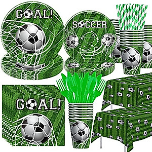 APOWBLS Soccer Birthday Party Supplies - Soccer Party Decorations Dinnerware, Plates, Cups, Napkins, Tablecloth, Cutlery, Straw, Sports Theme Soccer Birthday Party Decorations Tableware | Serve 24