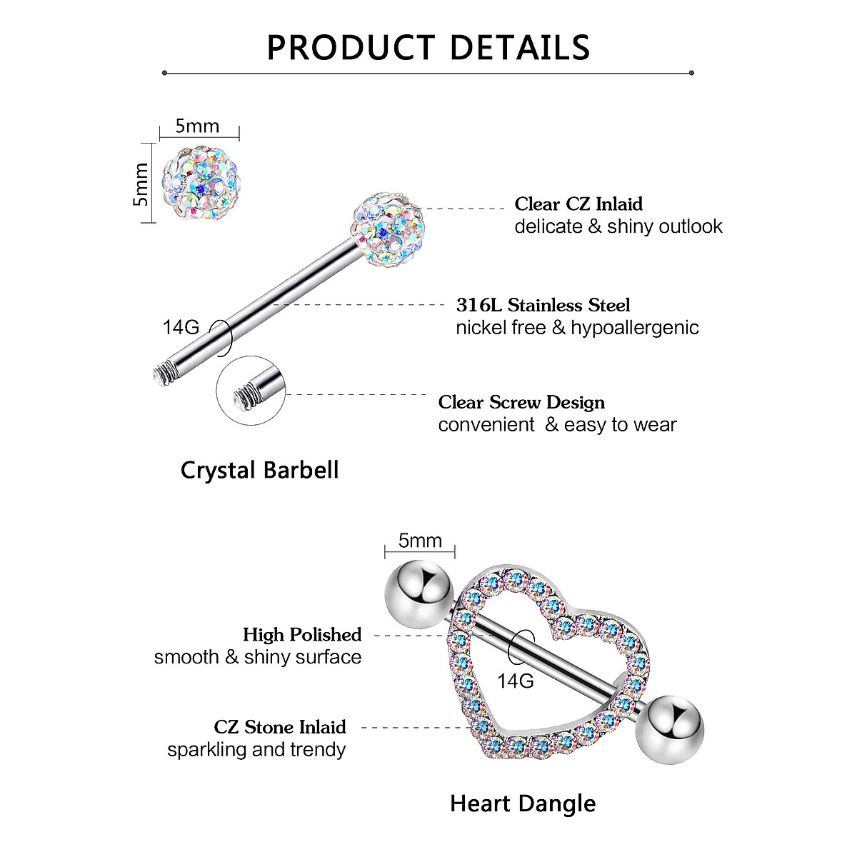 JOVITEC 2 Pairs Stainless Steel Nipple Ring CZ Barbell Rhinestone Nipple Studs for Nipple Tougue Body Piercing, 14 G (AB clolor)