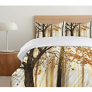 Ambesonne Autumn Duvet Cover Set, Picture of a Lonely Tree Leaves on an Abstract Woodland Background Print, Decorative 3 Piece Bedding Set with 2 Pillow Shams, Queen Size, Orange Brown