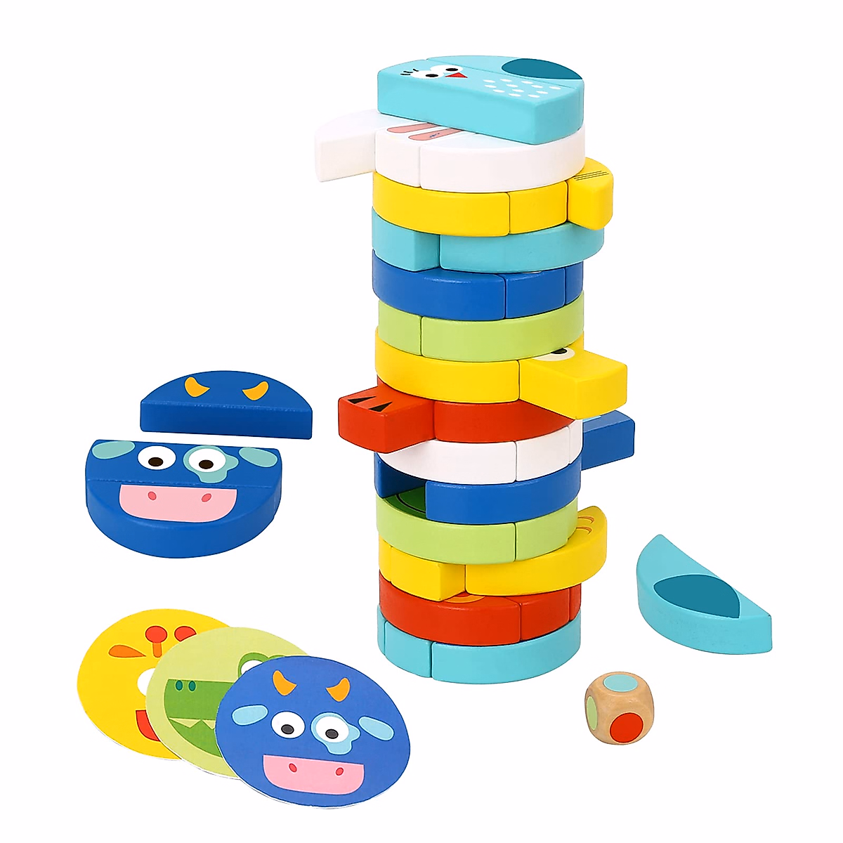 TOOKYLAND Wooden Tumble Tower Game - 61pcs - Stacking Blocks, Animal Cards and Die. Ages 3+