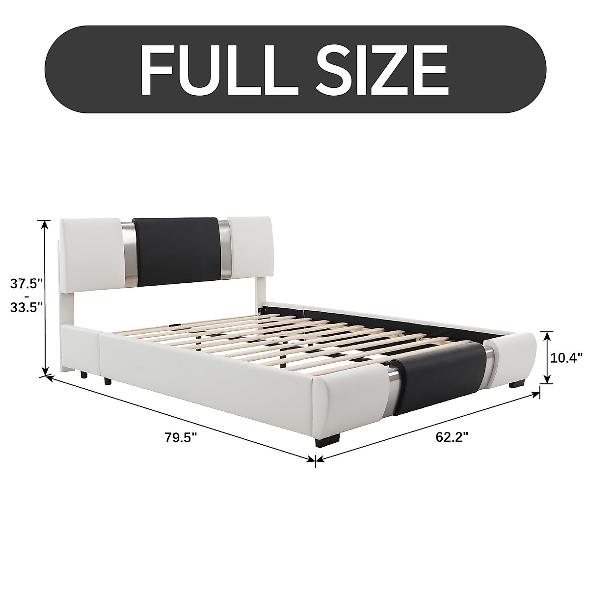 Benevika Modern Low Bed Frame with LED Lights,Faux Leather Full Size Platform Bed with Headboard, Strong Wooden Slats Support, No Box Spring Needed, White & Black