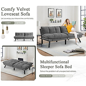 Convertible Velvet Futon Sofa Bed, Comfy 72" L Sleeper Couch with Thicker Cushion, Upholstered Modern Reclining Loveseat Folding Sofa for Small Living Room, Dorm, Apartment, Office, Light Gray