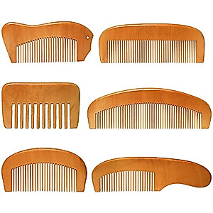 6 Pieces Handmade Wooden Comb Wood Hair Comb Wooden Beard Comb Natural Green Sandalwood Wide and Fine Teeth Comb Set with Anti Static and No Snag Handmade Brush for Kids, Women and Men (Cute Style)