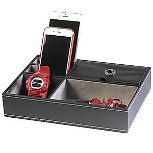 Huji Men's Black Leatherette Valet Jewelry Tray Display Showcase Insert Liner Organizer 5 Compartments Desk Car Home Dresser Keys Phone Wallet Coins