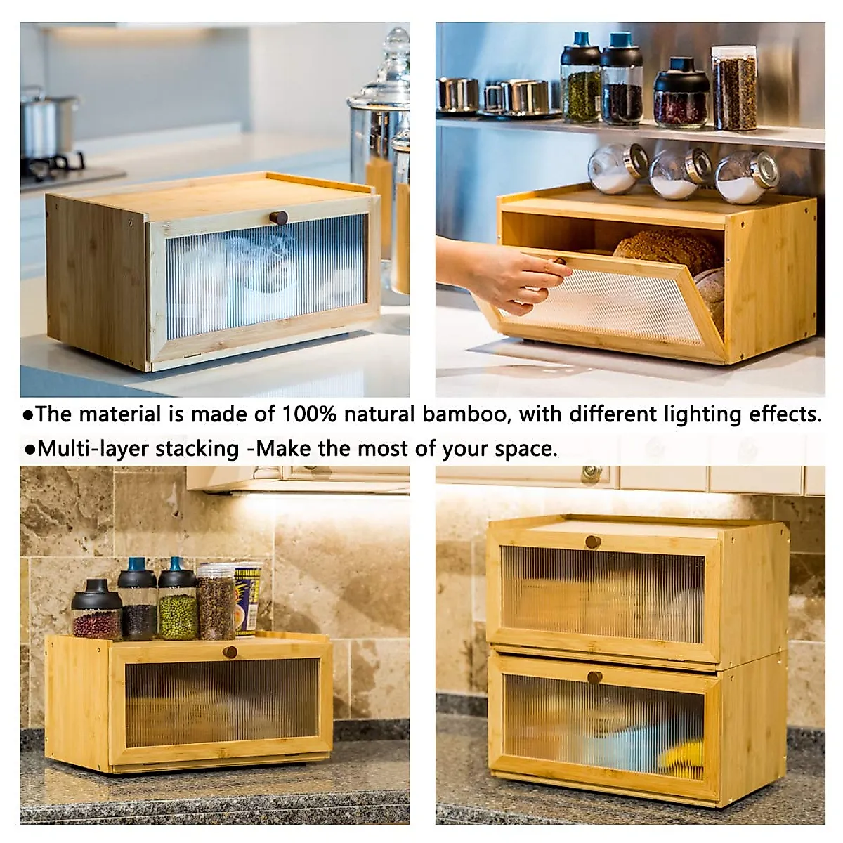 ETMI Bamboo Bread Box for Kitchen Counter-Large Capacity Bread Storage Container Farmhouse Bread Box with Window Bread Holder