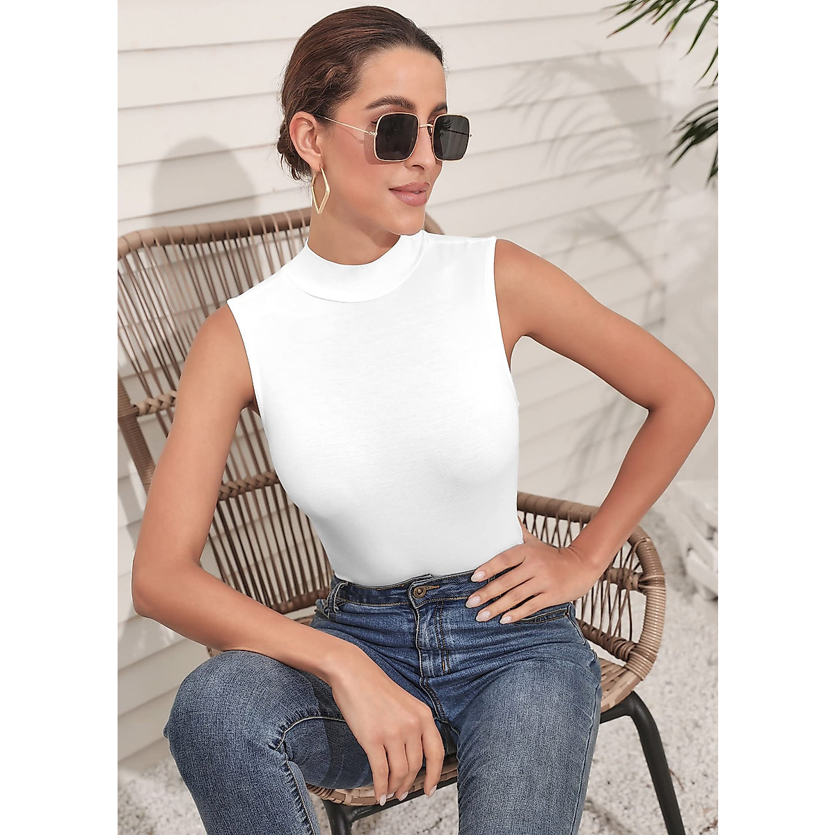 UNTYHOTS Women's Sleeveless Mock Turtleneck Tanktop Basic Stretch Fitting Pullover Lightweight Slim Shirt (Sleeveless White,X-Large)