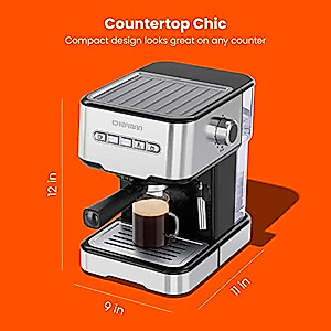 Chefman 6-in-1 Espresso Machine with Steamer, One-Touch Single or Double Shot Maker, Coffee Cappuccino Machine, Latte Built-In Milk Frother Stainless Steel