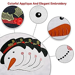 OWENIE Christmas Placemats Set of 4, Xmas White Snowman Round Place mats for Holiday Kitchen Dining Table, Burlap Embroidered Doilies with Red and Green for Kids, Xmas, Parties, Machine Washable