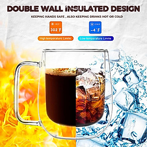 ETERMETA 2 Pack 12 oz Double Walled Glass Coffee Mugs with handle, Thermal Insulted No Condensation Coffee & Tea Cups, Clear Mugs for Americano, Latte, Espresso, Cappuccinos Beverage
