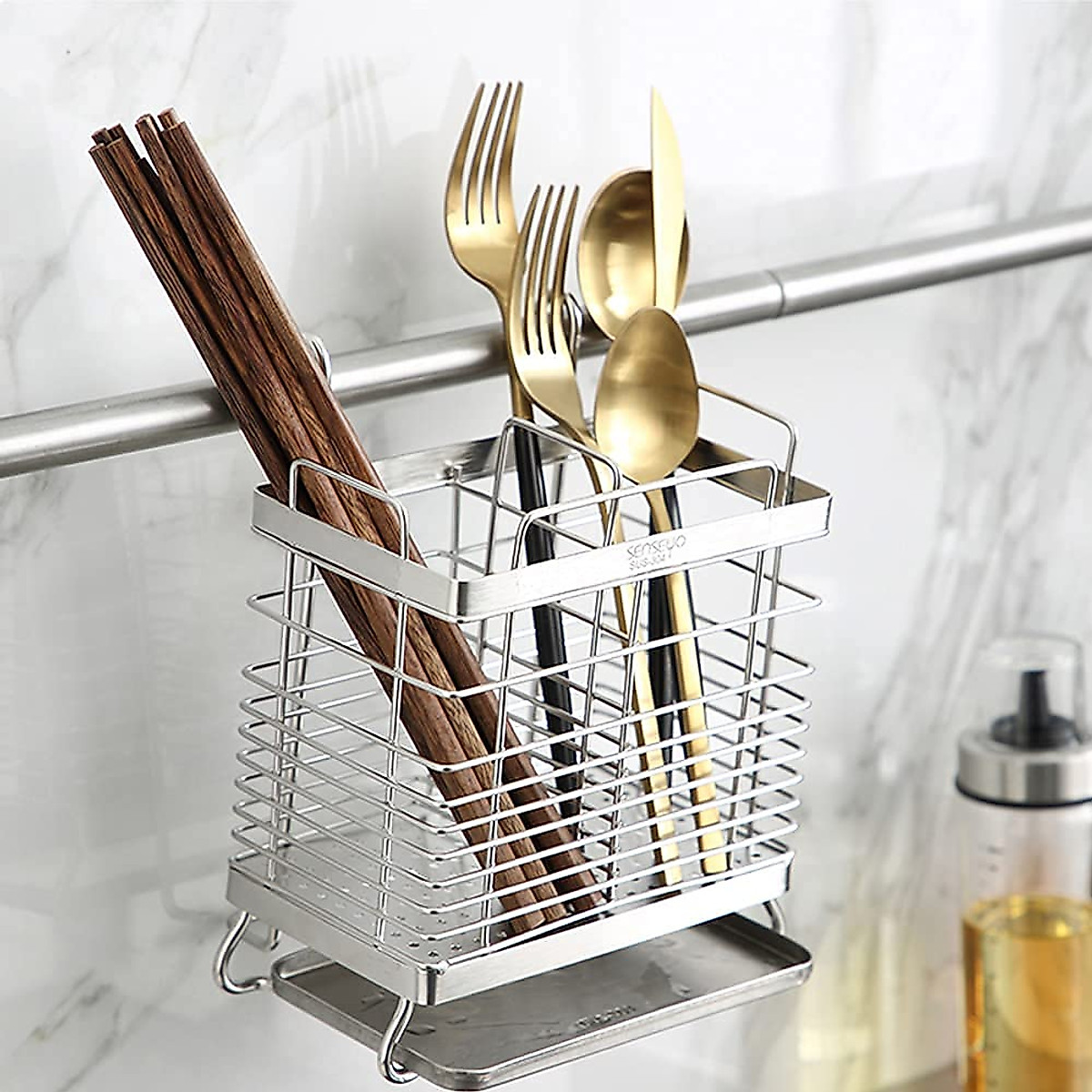 kaileyouxiangongsi 304 Stainless Steel Hanging 2 Compartments Mesh Utensil Drying Rack/Chopsticks/Spoon/Fork/Knife Drainer Basket Flatware Storage Drainer (Square)