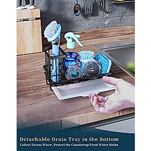 Consumest Sponge Holder for Kitchen Sink, Sink Caddy Kitchen Sink Organizer with Removable Drip Tray for Countertop Dish Soap Holder Dispenser Brush Holder, 304 Stainless Steel - Black