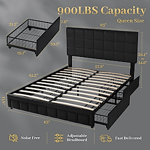 Queen Bed Frame with Storage, Upholstered Bed Frame with 4 Drawers, Adjustable Headboard, Type-C & USB Ports, Wooden Slats, Noise-Free, No Box Spring Needed Easy Assembly Bed Frame with Drawers