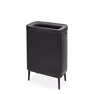Brabantia Bo Laundry Hamper Hi (Matt Black) 2 Compartment Removable Laundry Bag 2 x 12 Gal, Ventilated Stylish Dirty Clothes Holder, Flat Back, Off-the Ground, Anti-Rust Materials for Bathroom Use