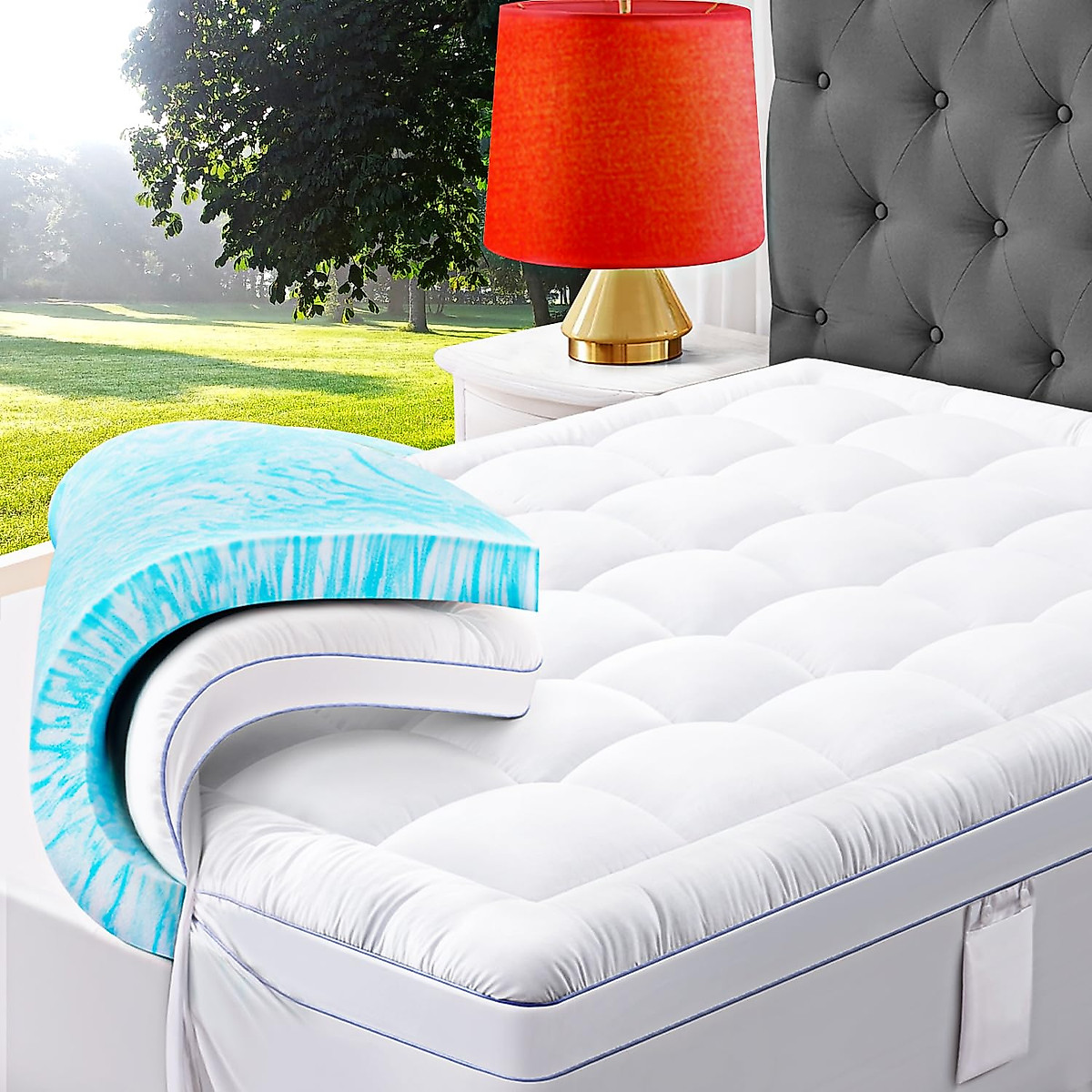 ABENE 3 Inch Dual Layer Memory Foam Mattress Topper Queen, 2 Inch Memory Foam Plus 1 Inch Down Alternative Pillowtop Mattress Pad, with Bedside Pocket, Support for Back Pain (Queen, White)