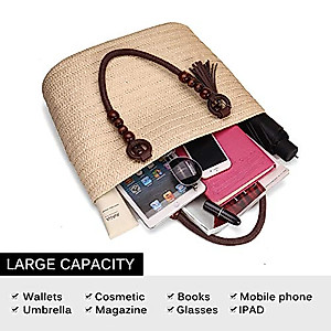 Kadell - Straw Handbag, Summer Beach Bag Women Shoulder Bag Tote Bag Handle Bag Crossbody Bag Shopping Bag Raffia Bag for Work Travel Outdoor School (Beige)