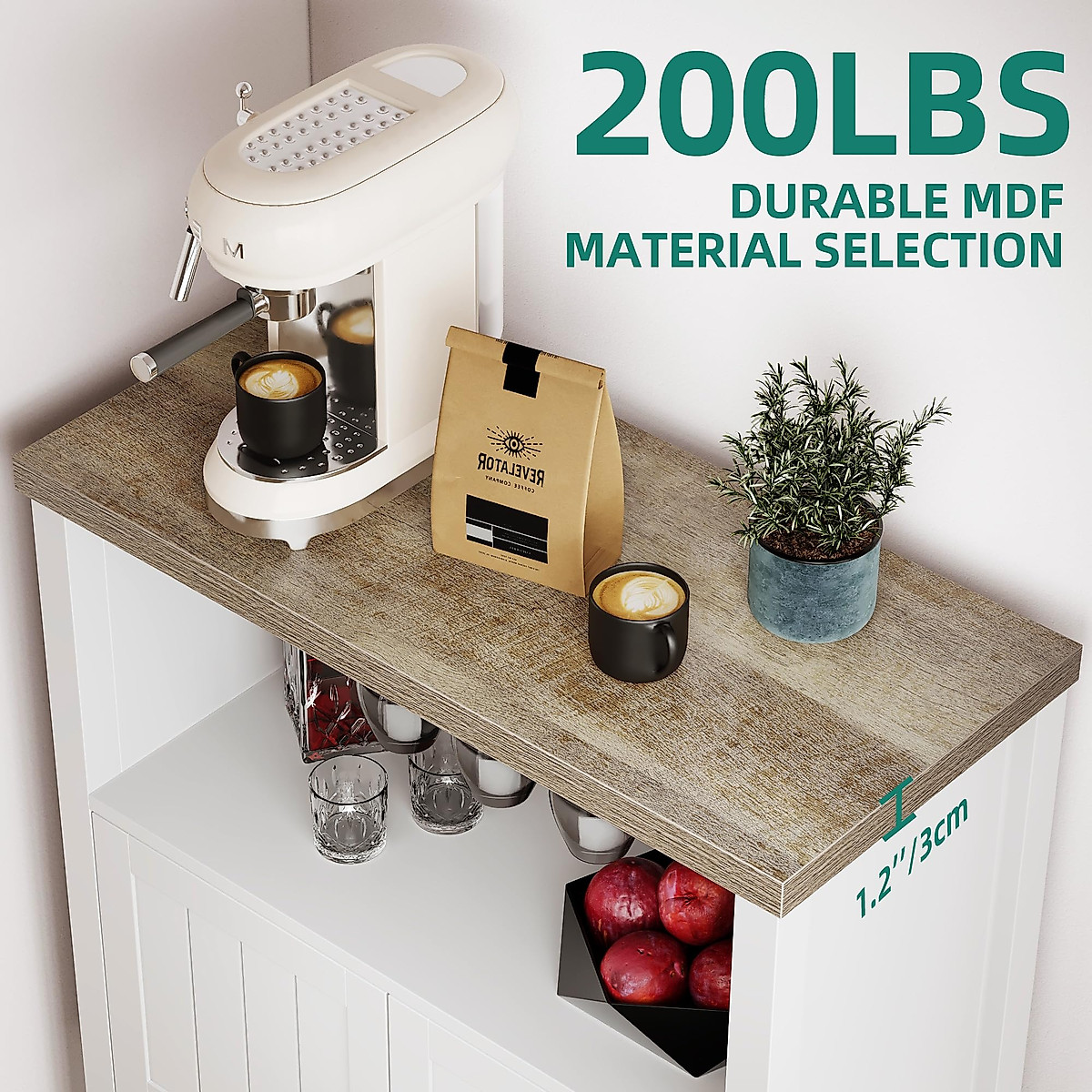 YITAHOME Sideboard Buffet Cabinet with Light, 31.5'' Farmhouse Coffee Bar Cabinets with Storage, Wine Bar Cabinet for Home with Wine Rack and Glass Holder (White Oak)