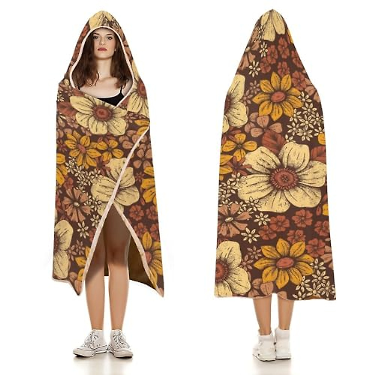 TaoYTao 50"x60" Women Summer Retro Floral Blanket Hoodie, Foldable Wearable Funny Hooded Blanket Robe Cloak, Christmas Birthday Gifts Anniversary For Wife Girlfriend Women