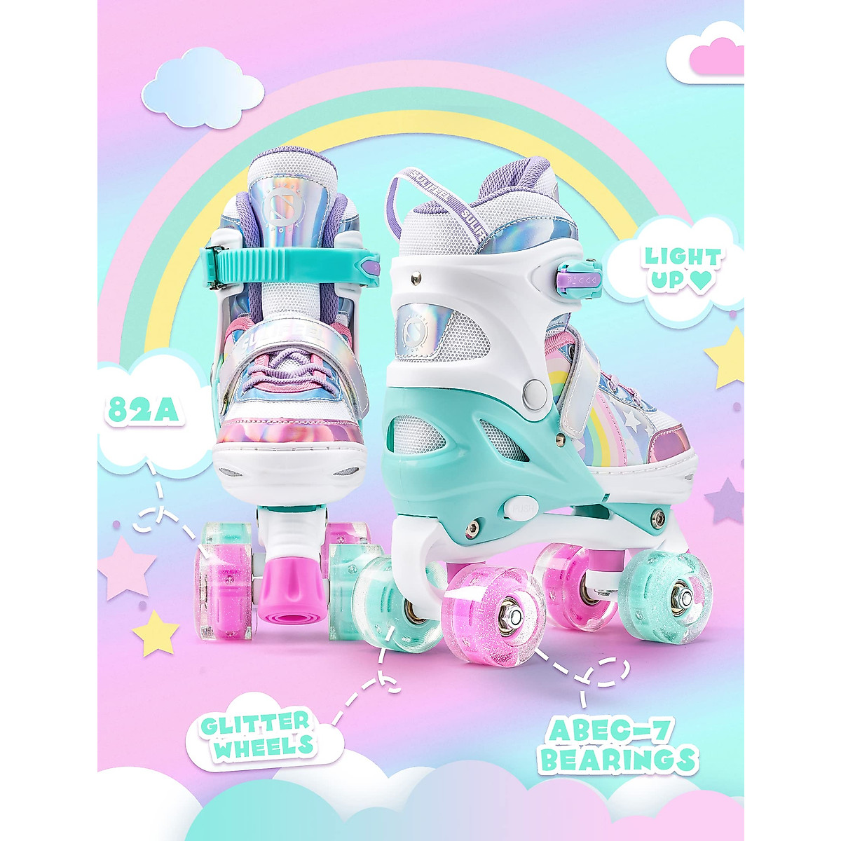 SULIFEEL Rainbow Unicorn 4 Size Adjustable Light up Roller Skates for Girls Boys for Kids Small