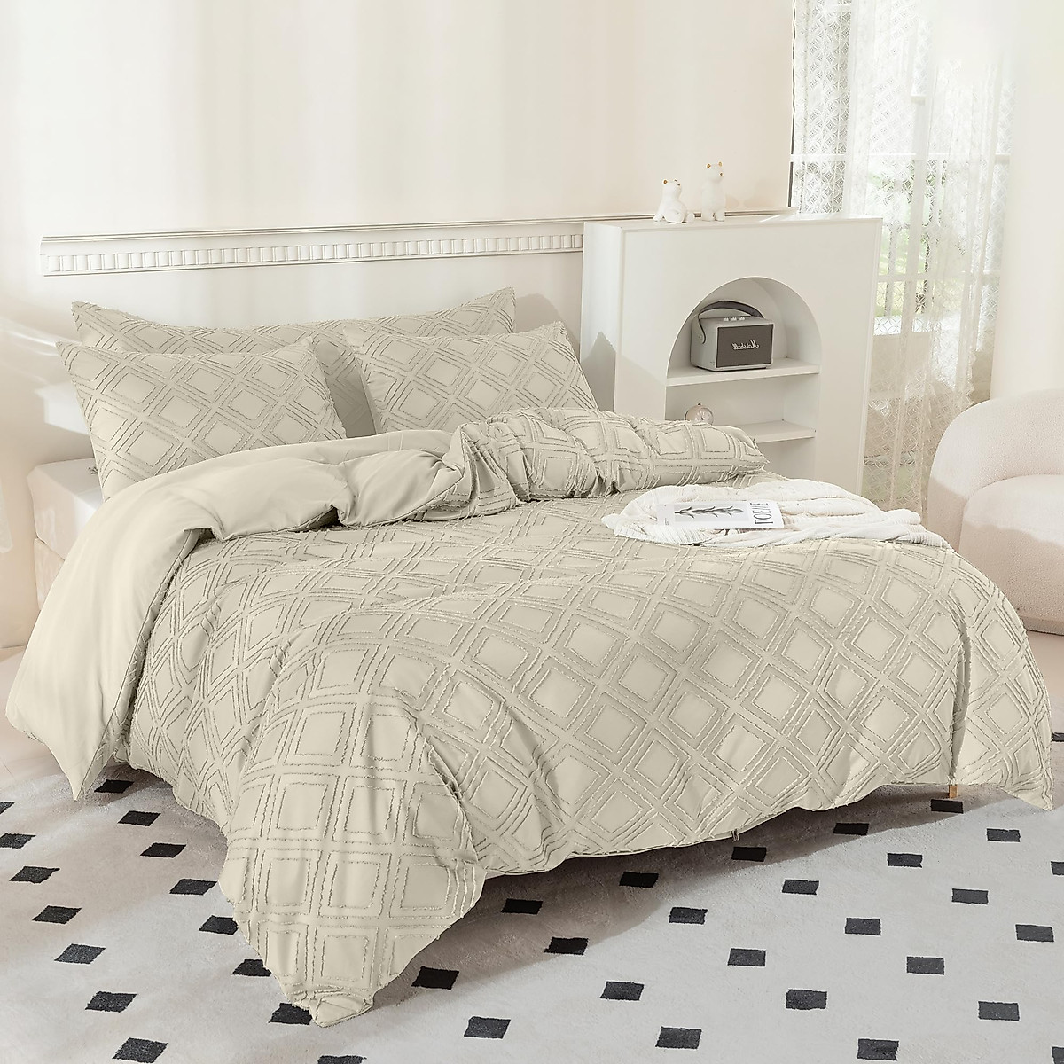 JELLYMONI Cream Grey Duvet Cover Twin Size - 3 PCS Microfiber Tufted Duvet Cover Set, Boho Textured Duvet Cover Jacquard Rhombus Geometric Pattern Duvet Cover with Corner Ties & Zipper Closure