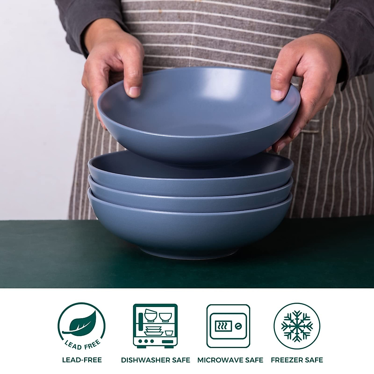 AmorArc 8.75‘’ Large Pasta Bowls, 42 ounce Wide Stoneware Bowls Set of 4 for Kitchen, Deep Bowls for Pasta/Salad/Fruit/Otmeal/Soup, Microwave&Dishwasher Safe-Matte Blue