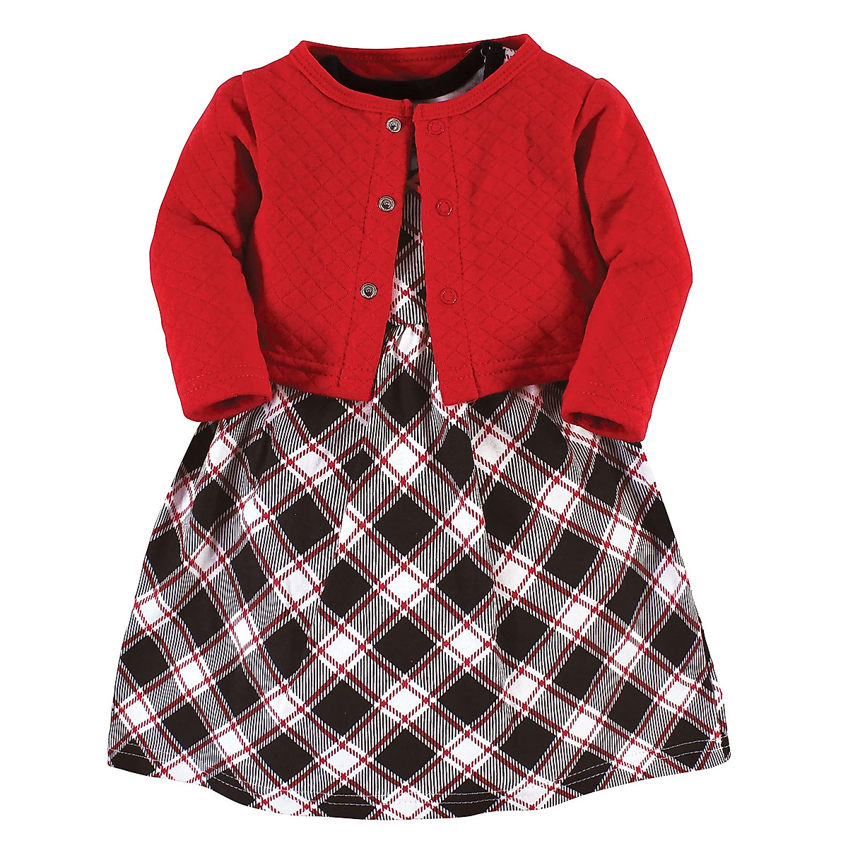 Hudson Baby Baby Girls' Quilted Cardigan and Dress, Black Red Plaid, 0-3 Months