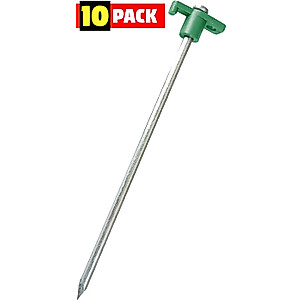 Tent Pegs Stakes T-Top Rubber Top with Heavy Duty Steel Nail Ground Spikes 10" Long 10-Pack