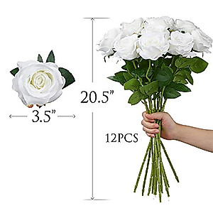 Mocoosy 12 PCS Rose Artificial Flowers, White Silk Roses with Stems Realistic Fake Rose Flower Bouquets for Wedding Arrangement Centerpieces Party Home Table Decorations