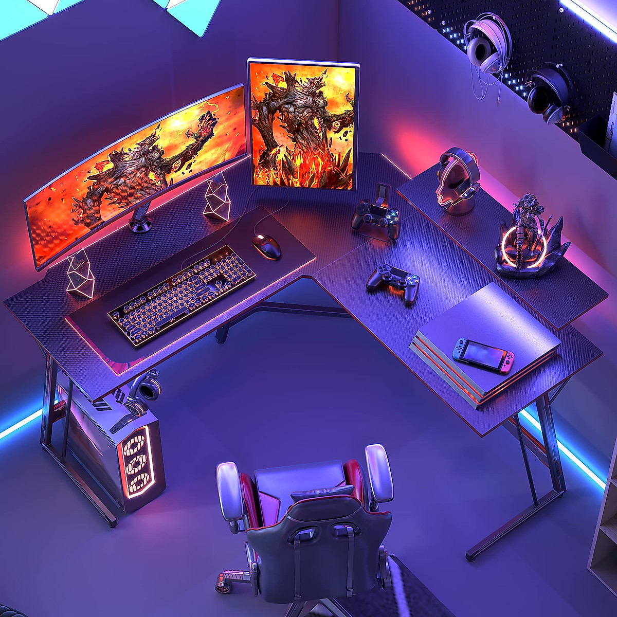 FEZIBO L Shaped Gaming Desk with LED Lighting, Computer Corner Desk PC Writing Table Gamer Workstation for Home Office, Black