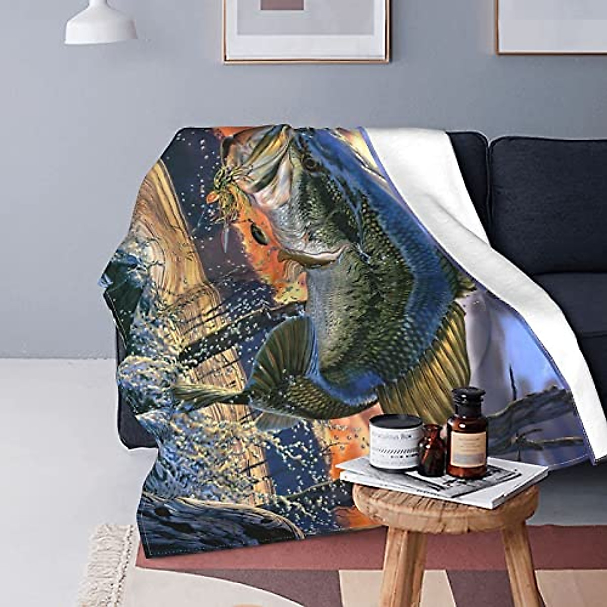 WOWUSUO Bass Fish Blanket Fishing Throw Bed Blankets Cozy Lightweight Soft Bedding for Sofa Bed Office Travel 60x50 inches