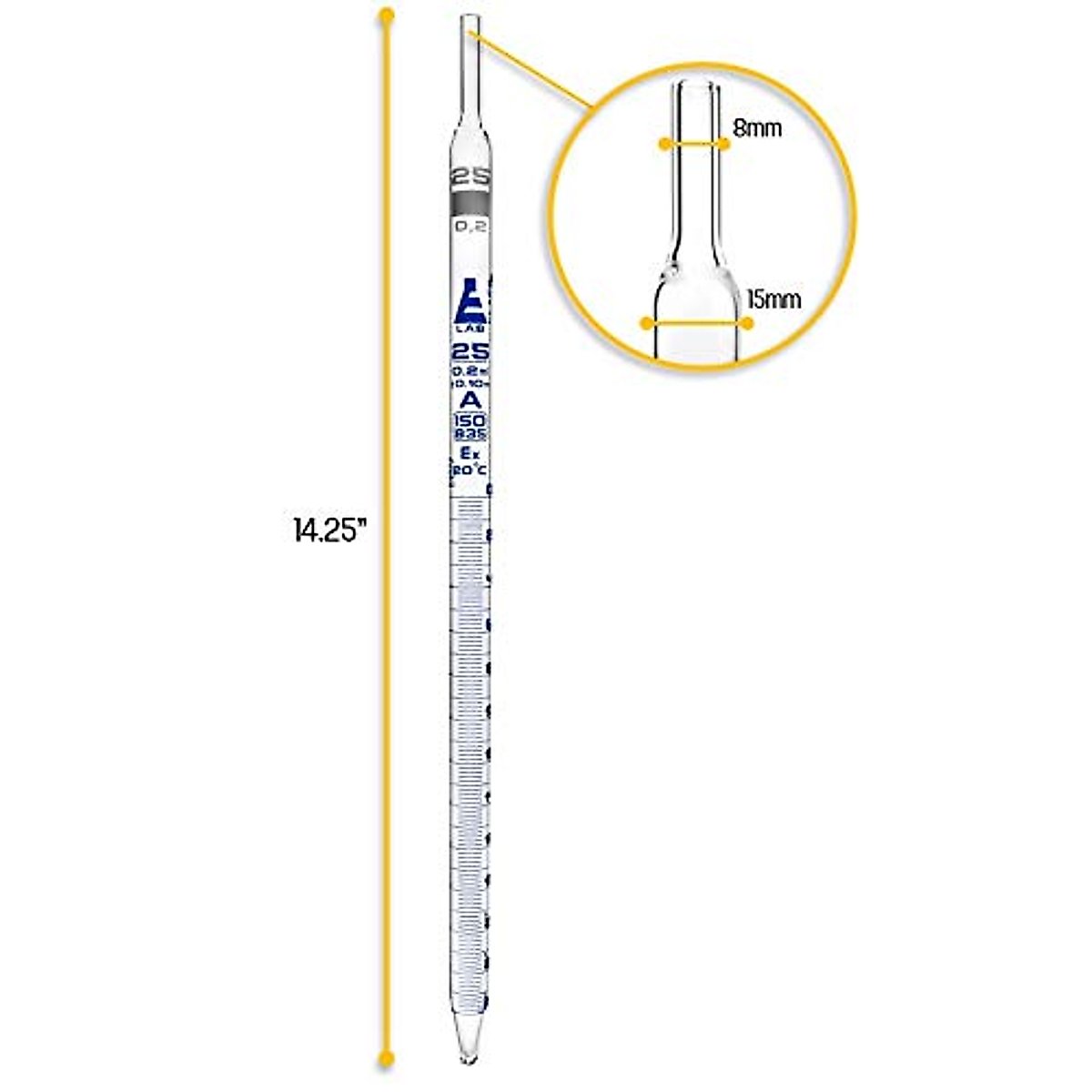 EISCO Serological Pipette, 25ml - Class A, Tolerance ±0.100ml - Blue Graduations - Color Code, White - Calibrated for Delivery to Jet - Borosilicate Glass