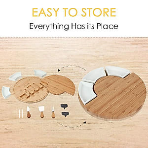 Bamboo Cheese Board Set–Serving Tray and Cheese Serving Platter Round Cheese Board and Knife Set for Cracker and Brie Large Charcuterie Board Set and Cheese Tray for Housewarming Gift-Round