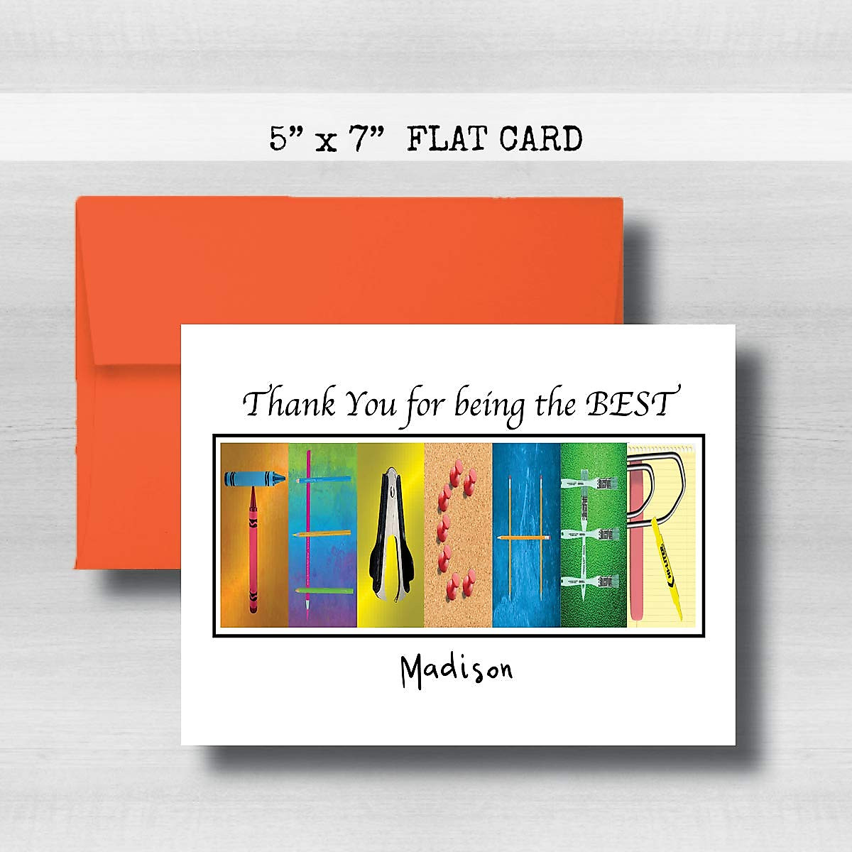 Teacher Appreciation Card, 5" x 7" FLAT CARD, Personalized with child's name