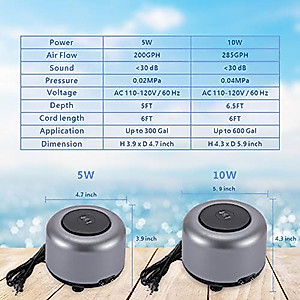 AQQA Aquarium Air Pump,5W 10W Powerful 2 Outlets,Fashion Ultra-Quiet Energy-Saving Oxygen Pump Adjustable 4 Airflow Rate Grades,Freshwater and Marine Fish Tank 5W (up to 300 Gallon)