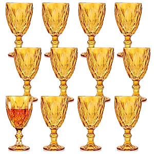 Yinder 12 Pack Glass Goblet Vintage Wine Goblet Embossed Glassware 10 oz Solid Color Glass Goblet for Iced Tea Beverage Stemmed Cups Soda Juice Water Liquor and Party Wedding Bars Restaurants (Amber)