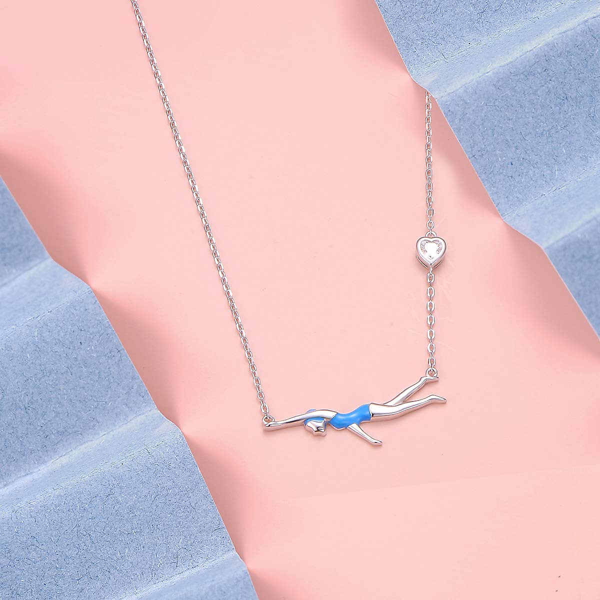 Swimming Necklace 925 Sterling Silver Heart CZ Cute Swimmer Pendant Charm Necklace for Women Natator on a Swim Team, 16 inch