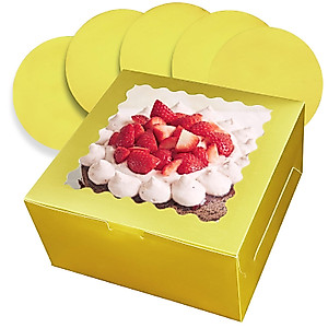 Bakepacker Matte Gold 18-Packs Cake Boxes with Windows, 10x10x5 inch 18pcs Cake Container, 10 Inch 18pcs Cake Carrier Boxes with Matte Gold Cake Boards Included