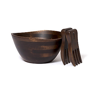 Lipper International Walnut Finish Large Wavy Rim Bowl with Salad Hands