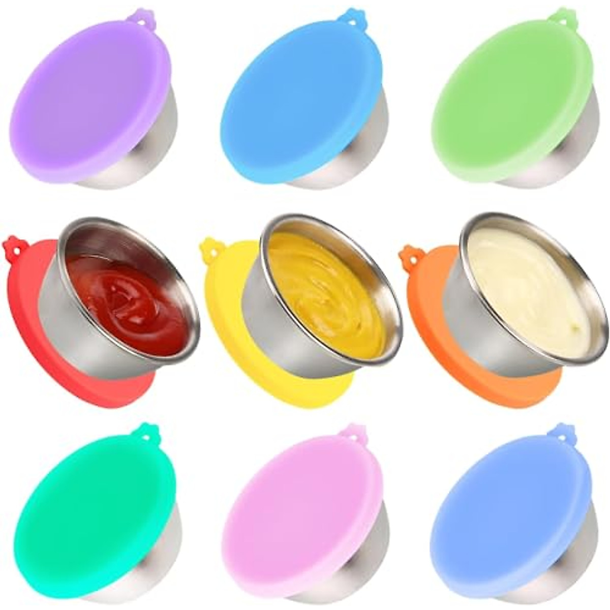 Moretoes 9pcs Salad Dressing Container To Go, Sauce Cups, 1.6oz Mini Condiment Containers with Lids for Bento Boxes and On-the-Go Meals（Rainbow - Colored