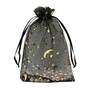 Jexila 100PCS Black Organza Bags 5''X7'' Moon Star Pattern Mesh Jewelry Gift Bags with Drawstring for Wedding Party Favor Small Candy Bags