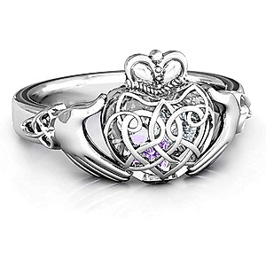 YUOTO Claddagh Rings For Women,Birthstone Rings Sterling Silver Personalized Name,Caged Locket Heart Irish Rings Engraved Bands With Names For Teen Girls Women Love Wedding