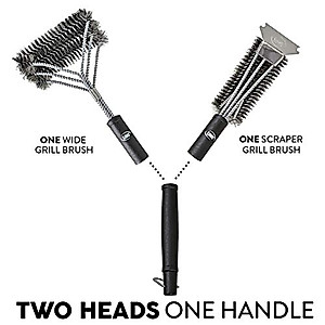 Kaluns Grill Brush for Outdoor Grill 2 Pack, BBQ Grill Brush for Grill Cleaning, Grill Scraper Set Includes Two Brush Heads and one Removable 18" Long Handle, Stainless Steel Durable Wire Bristles