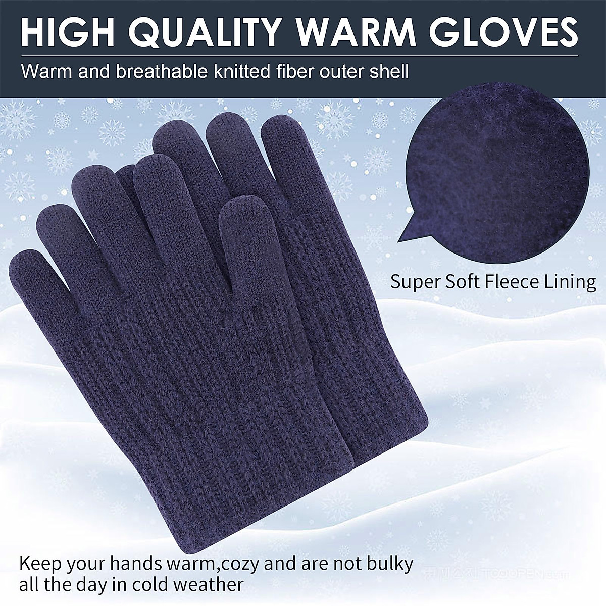 ORVINNER Kids Winter Gloves for Boys Girls, 3 Pairs Children Warm Wool Lined Gloves Toddler Thermal Knitted Mittens (Black/Navy/Dark Grey - Solid Color)