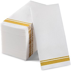 Disposable Linen-Feel Peper Napkins, Decorative White Guest Towels, 12" x 17" Gold Line Hand Napkins For Wdding, Party Or Event - Pack of 100