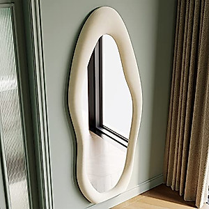 Honyee Full Length Mirror, 63" x 24" Wall Mirror, Flannel Wrapped Wooden Frame Full Body Mirror, Irregular Wavy Mirror Hanging or Leaning Against Wall for Cloakroom/Bedroom/Living Room, White