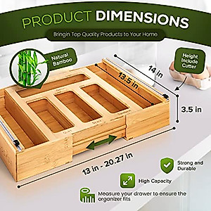 LOSKEE Ziplock Bag Organizer and Plastic Wrap Dispenser with Cutter, 6 IN 1 Expandable Bamboo Foil and Plastic Wrap Organizer for Kitchen Drawer, Ziplock Bag Storage Organizer for Gallon, Quart, Sandwich, and Snack Bags