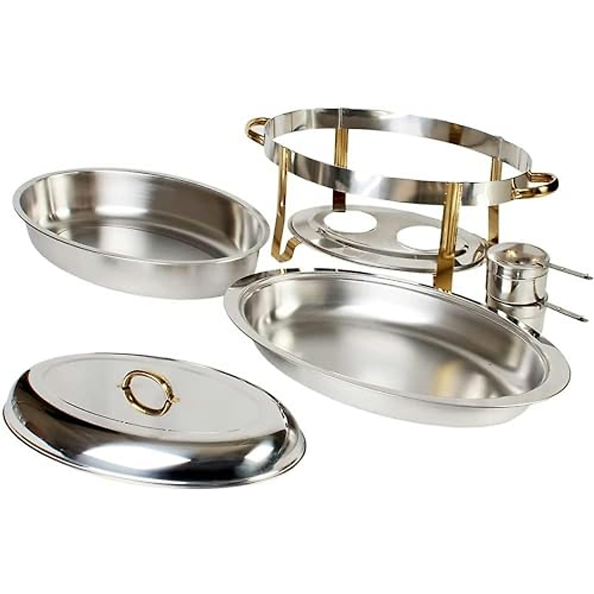 6 Quart Gold Accented Oval Chafing Dish, Full Size Stainless Steel Chafer and Buffet Food Warmers Sets Tray Buffet Catering for Banquets Party (1)