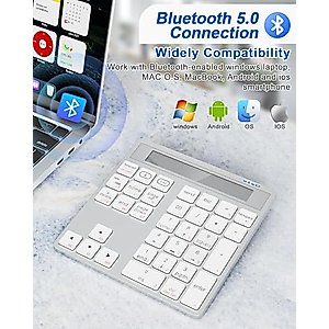 Bluetooth Number Pad with Calculator - Bluetooth + 2.4G Wireless Numeric Keypad Slim 34-Key Portable External Numpad Keyboard Data Entry & Calculate 2 in 1 for Laptop MacBook