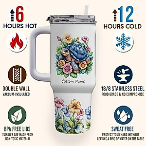 Tortoise Lover Personalized Tumbler 40oz With Handle & Straw - Stainless Steel Travel Coffee Cup With Lid - Cute Animal Gift For Women, Girls - Custom Name Birthday Holiday Gift Idea TNPLyL
